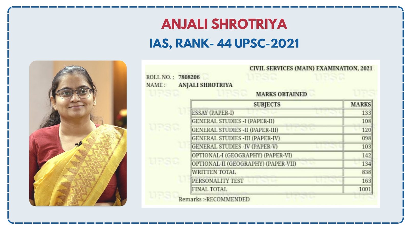 Anjali AIR 44 - Ensure IAS - Best IAS Coaching in Delhi